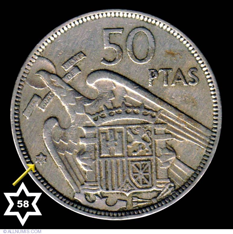 50 Pesetas 1957 58 Francisco Franco 1956 1975 Spain Coin 10711 50 Pesetas 1957 58 Francisco Franco 1956 1975 Spain Coin 10711