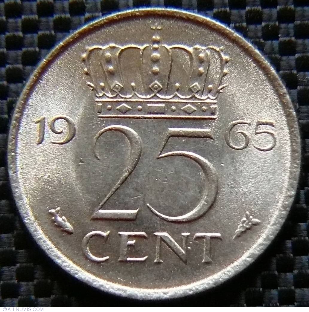 25 Cent 1965 Juliana 1961 1980 Netherlands Coin 22851 25 Cent 1965 Juliana 1961 1980 Netherlands Coin 22851